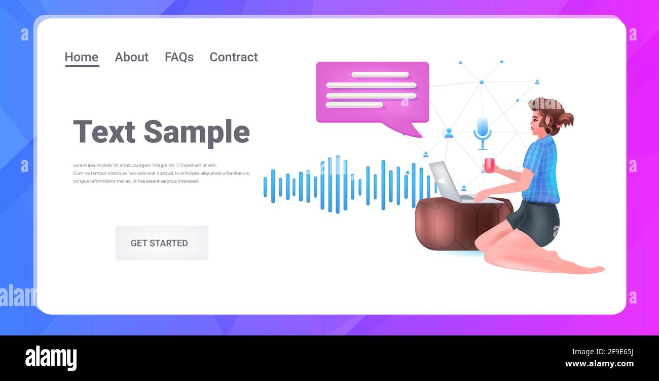 girl communicating in instant messenger by voice messages audio chat ...