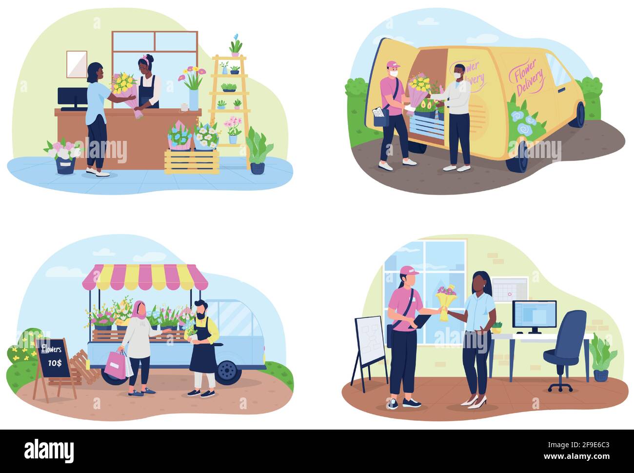 Flower shop and delivery service 2D vector web banner, poster set Stock ...