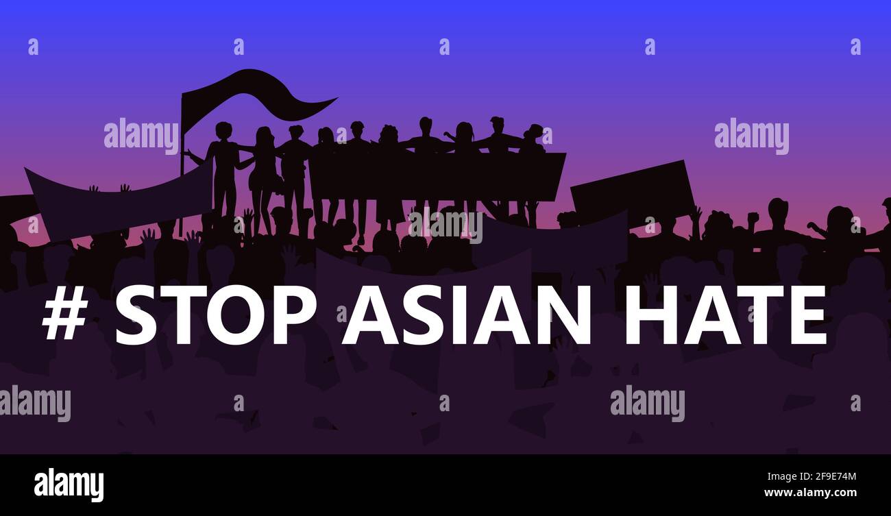 stop asian hate people silhouettes holding banners against racism ...