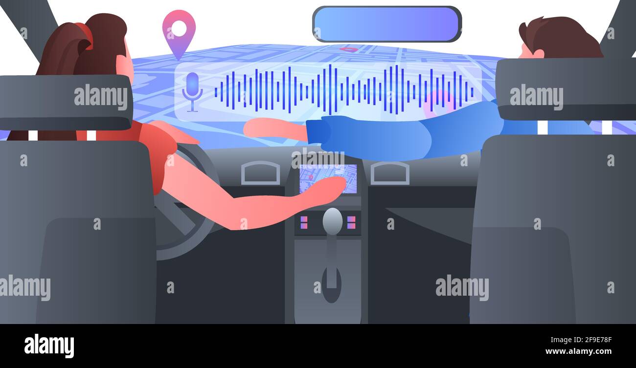 people driving car and using voice recognition system with sound wave ...
