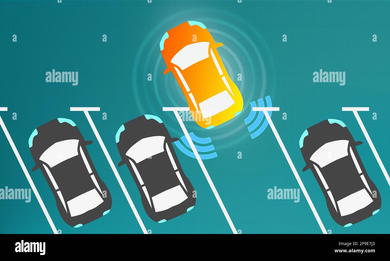 An illustration of a self-driving car figure parking itself against a ...