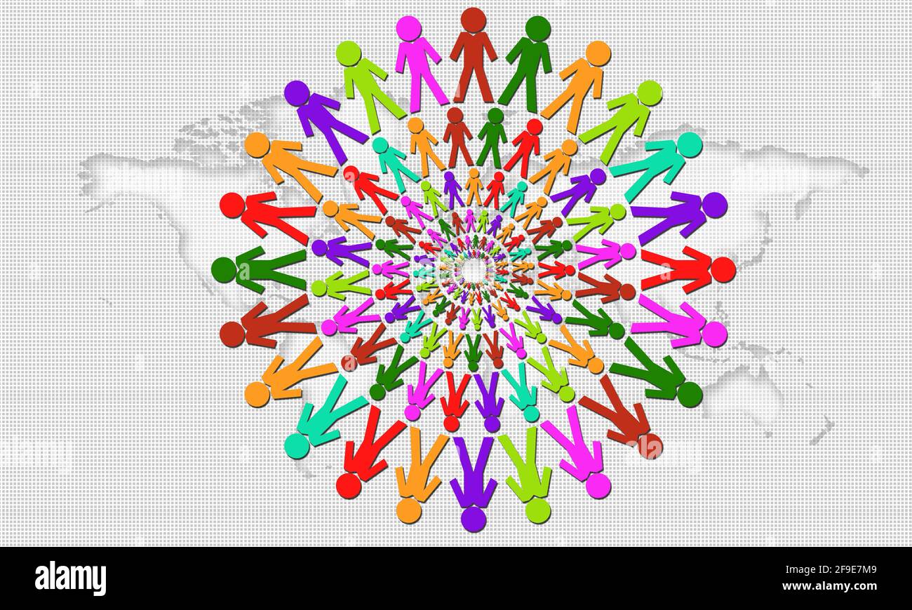 An illustration of human figure circles on the world map isolated on a ...