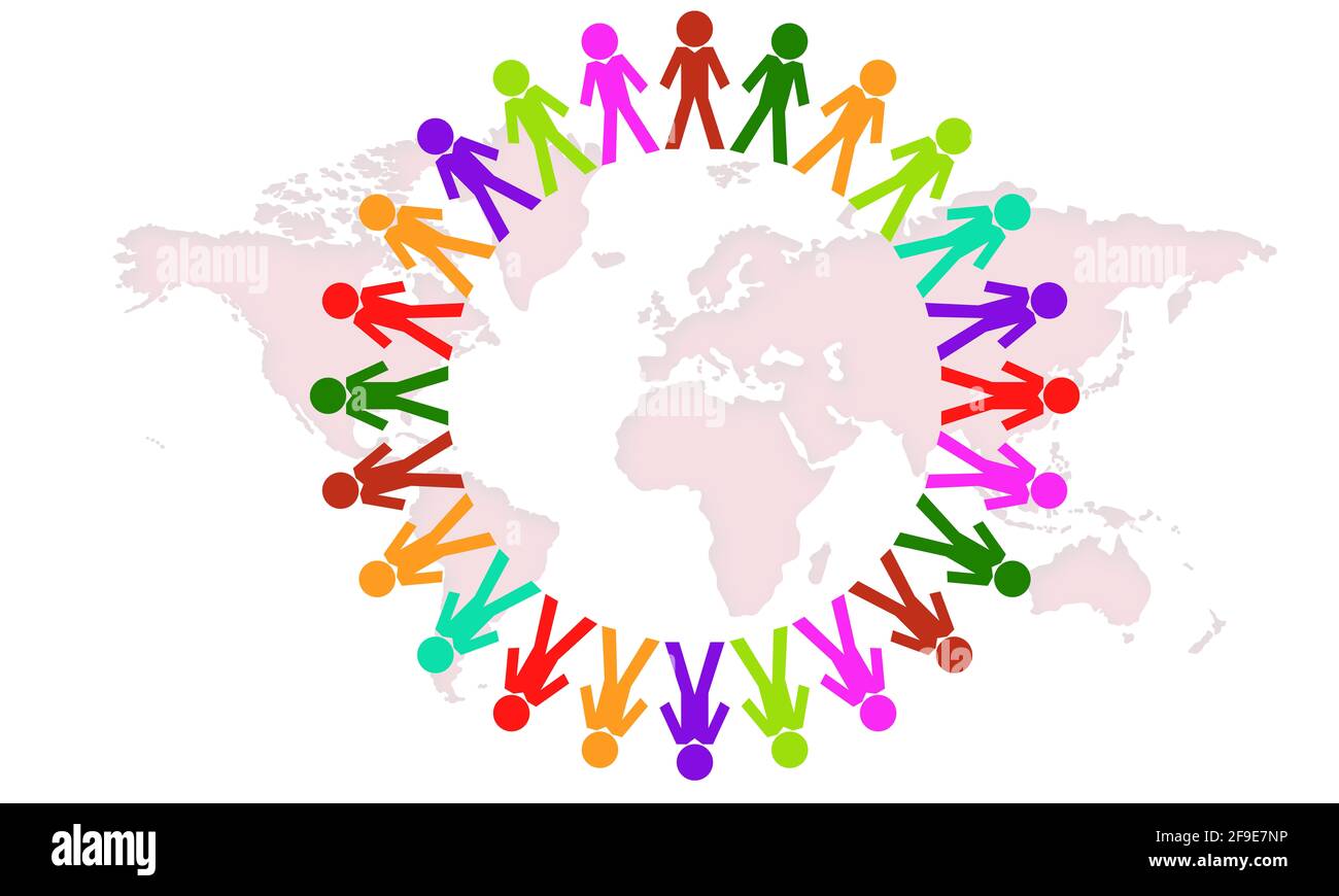 An illustration of a circle of human figures on the world map isolated ...