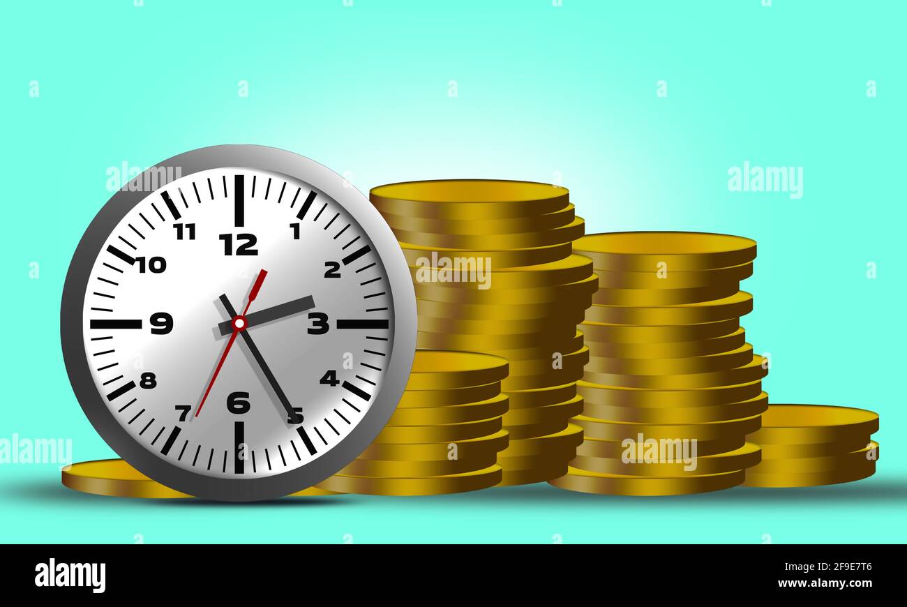 An illustration of a clock with coin stacks against a blue background ...