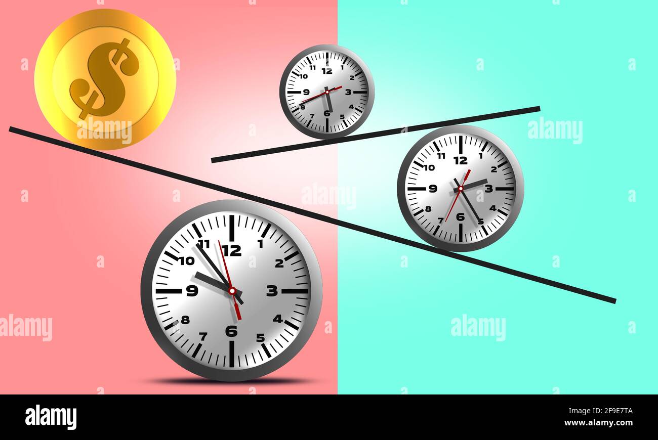 An illustration of clocks with a gold coin with the dollar sign against ...