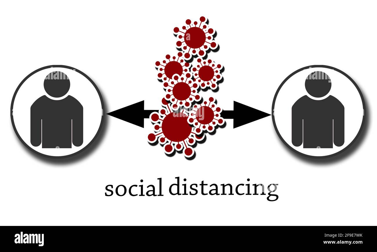 An illustration of human icons with COVID-19 cells between them and ...