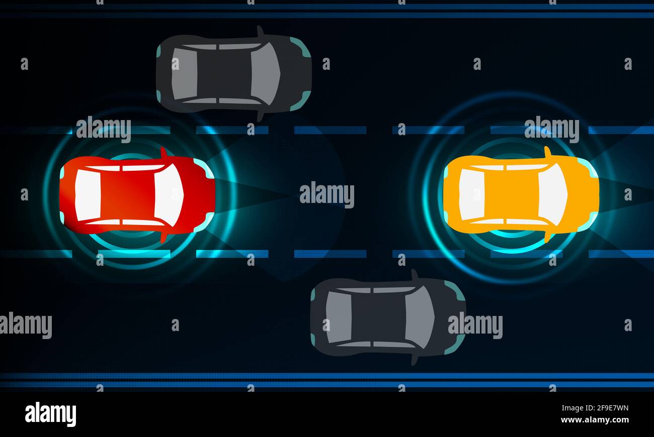 An illustration of self-driving cars on the road surrounded by small ...