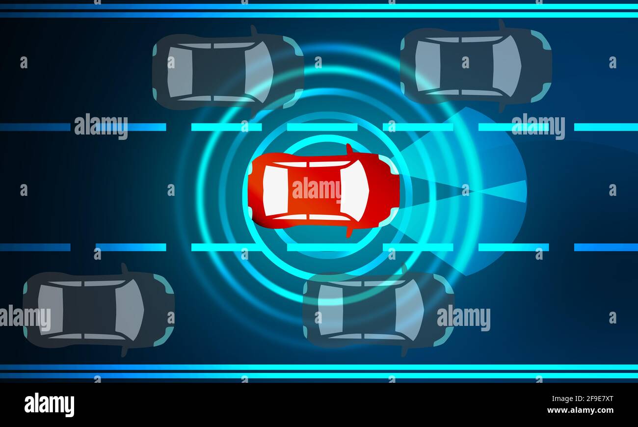 An illustration of a self-driving car on the road surrounded by small ...