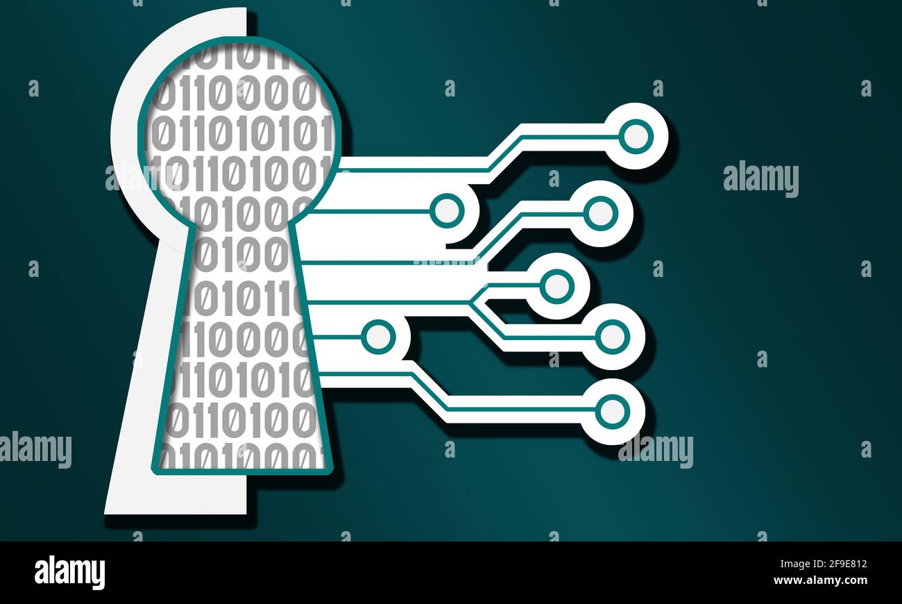 An illustration of a lock with binary codes against a green background ...