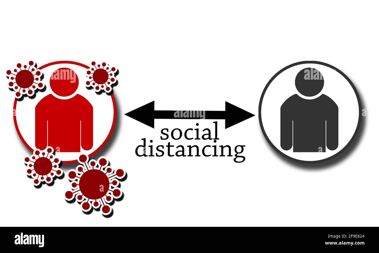 An illustration of human figures with covid-19 cells and a "SOCIAL ...