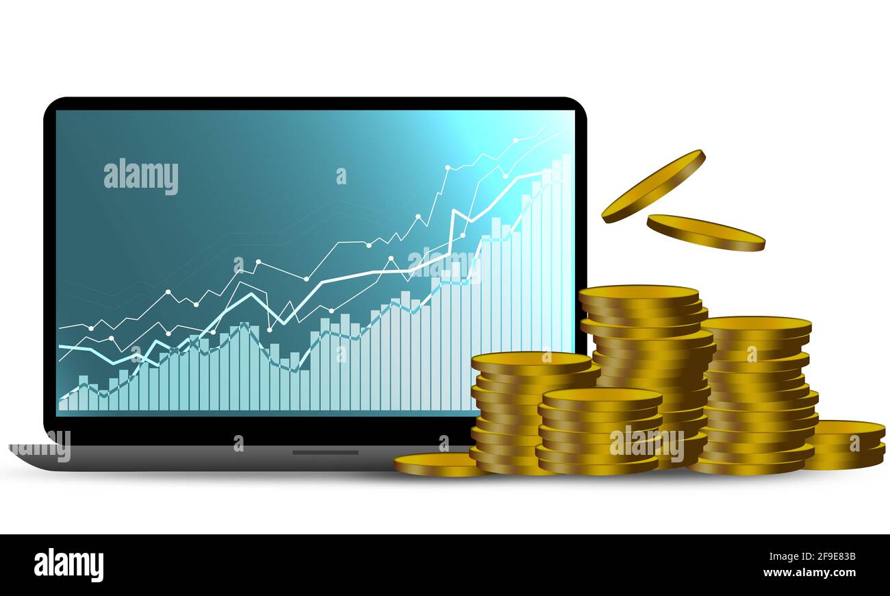 An illustration of coin stacks and a laptop with a growing economy ...