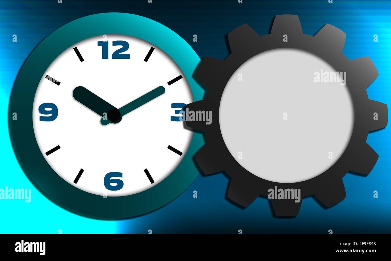 An illustration of a clock with gear against a blue background Stock ...