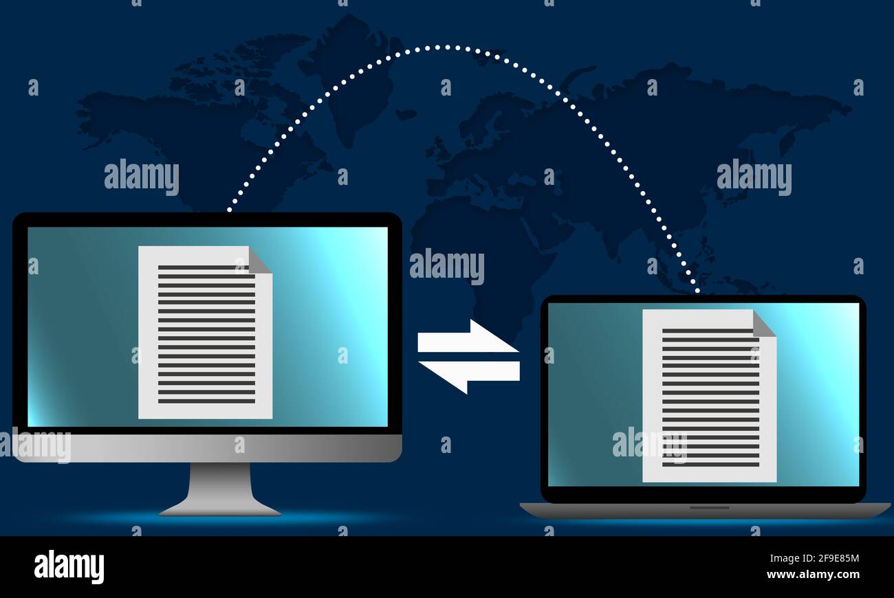 An illustration of files transferring from a computer to a laptop with ...