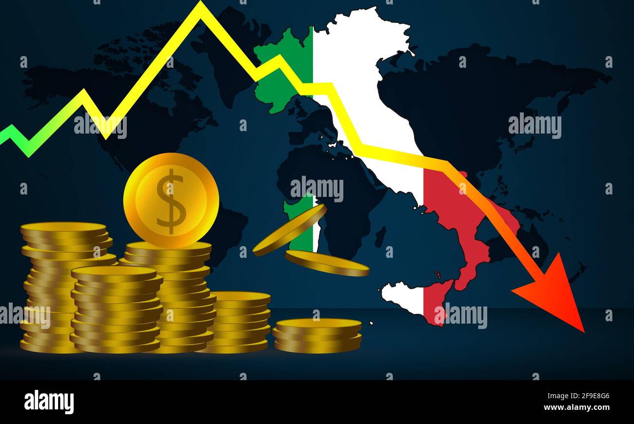 An illustration of coin stacks with the map of Italy and a decreasing ...