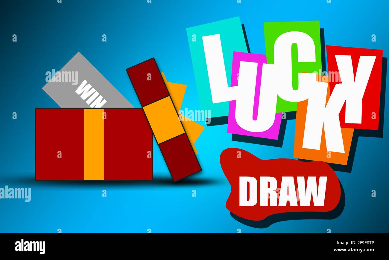 A prize box opening with colorful lucky and draw words on a blue ...