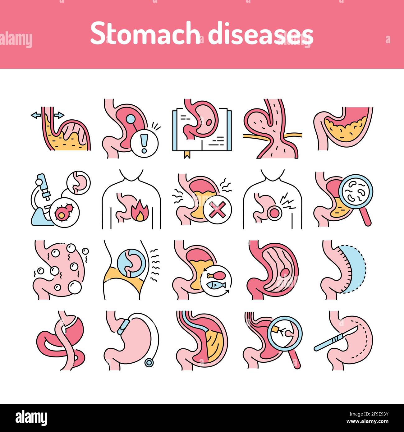 Stomach diseases line icons set. Isolated vector element. Outline ...