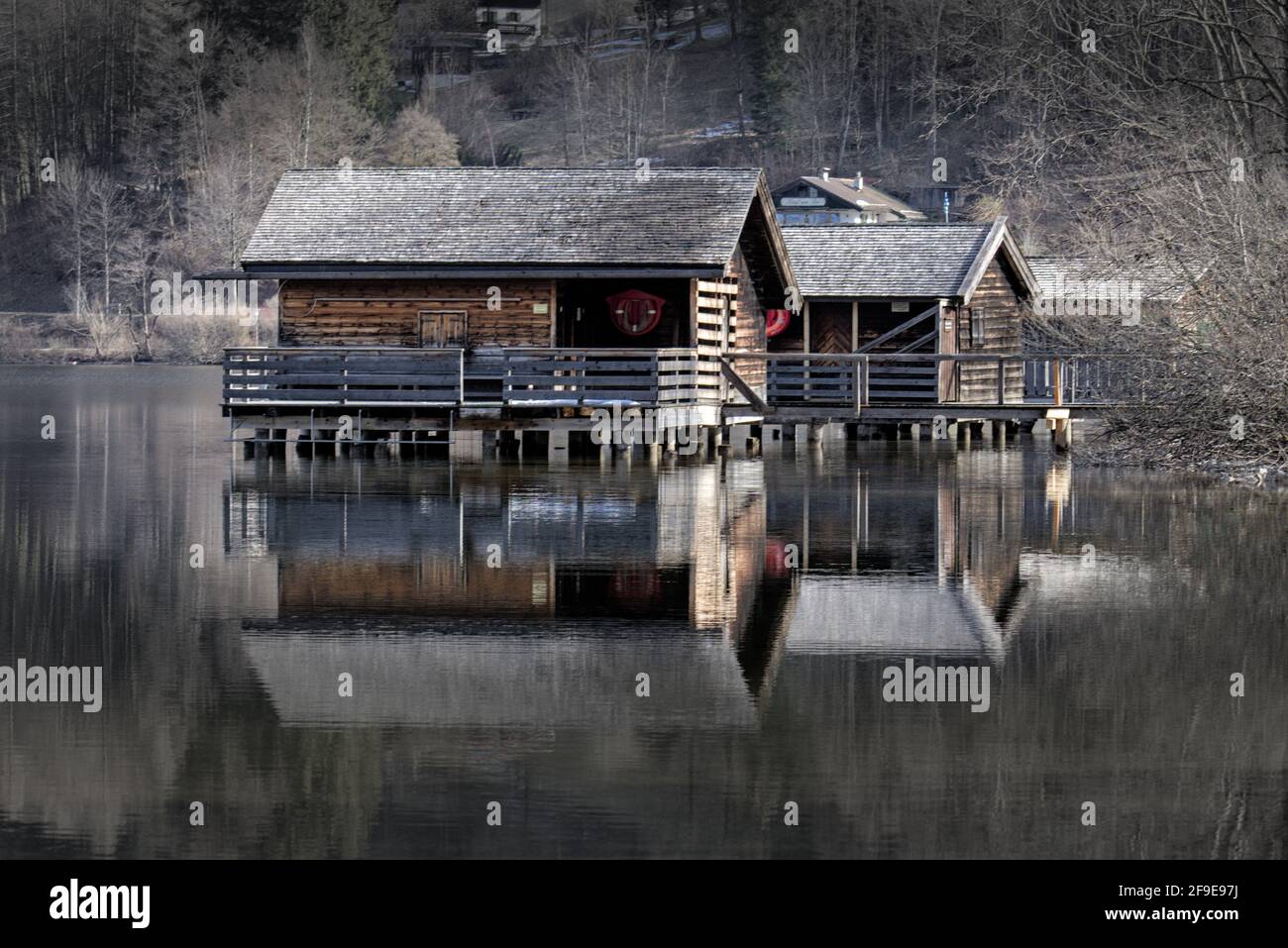 Tranquil morning scenery with huts at the Schliersee lake in Bavaria ...