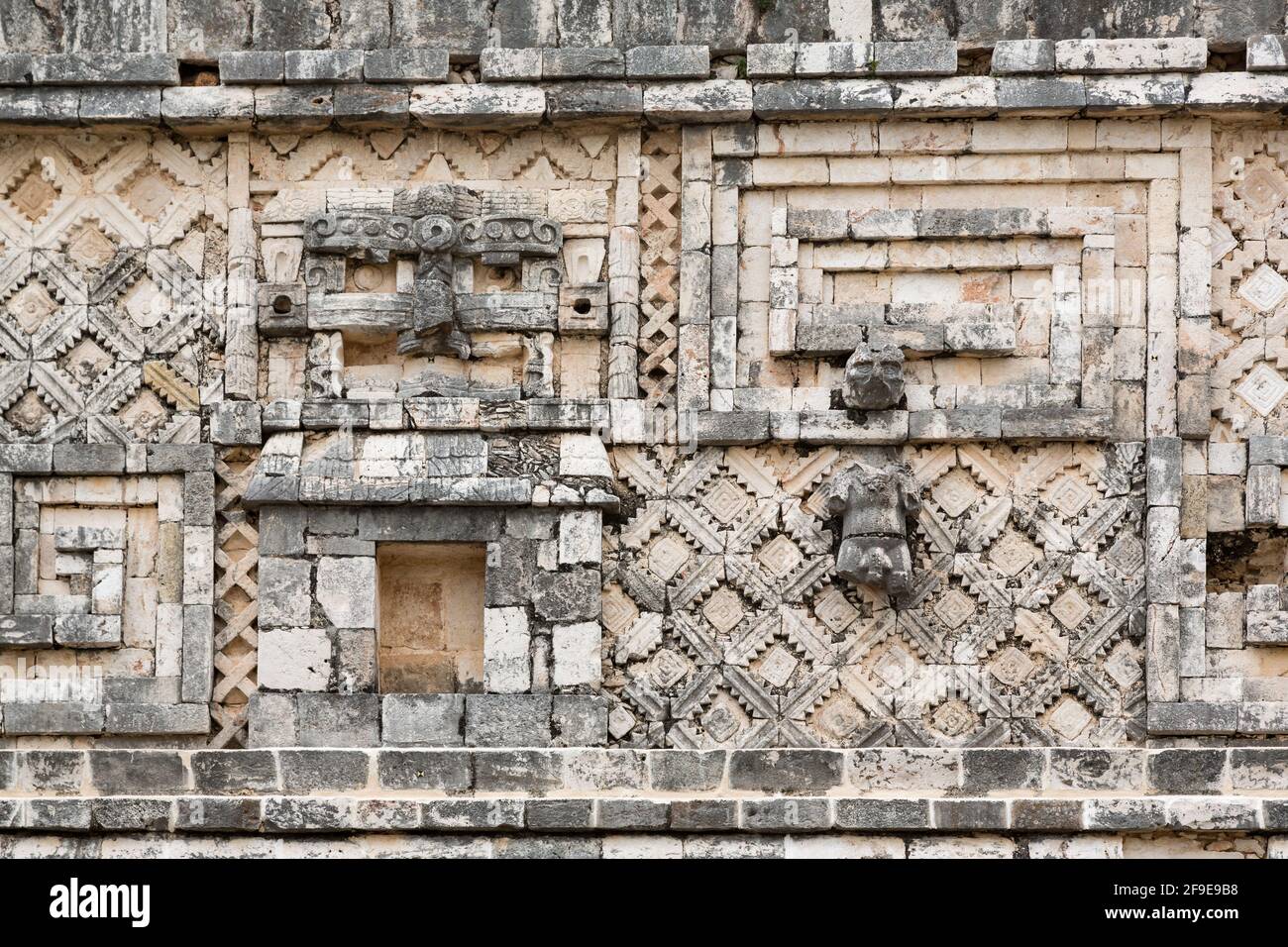 Ornate decoration at wall of Mayan Nunnery Square ruins at Uxmal, Yucatan, Mexico Stock Photo ...