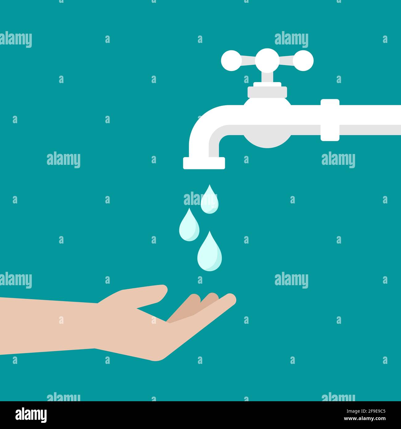 Open hand and water tap with classic old valve and water drops. Flat ...