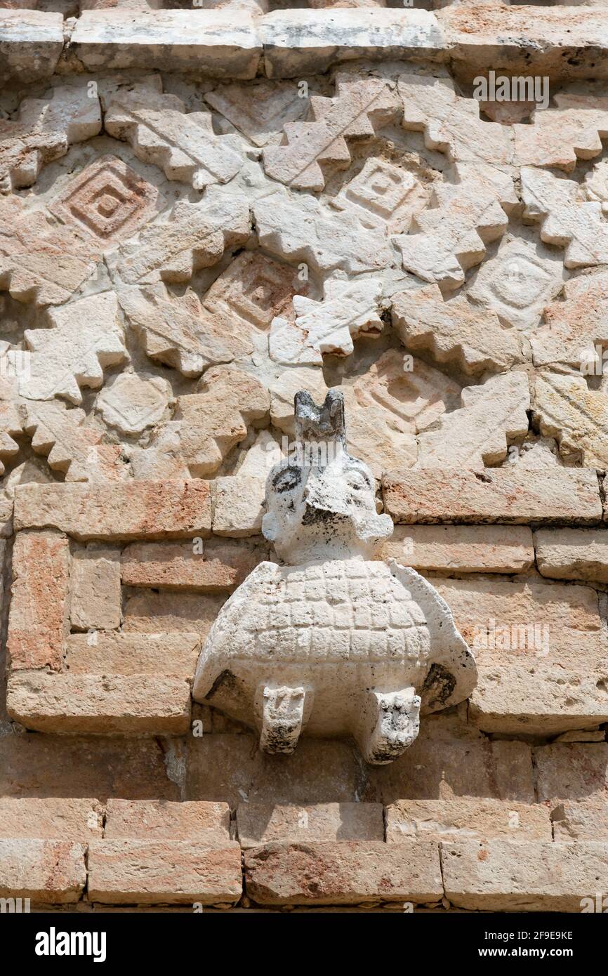 Close-up view of owl relief at Mayan nunnery quadrangle ruins in Uxmal ...