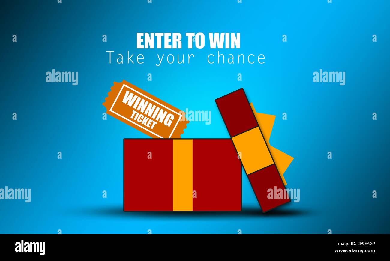 A prize box with a winning ticket inside and opening to enter to win ...