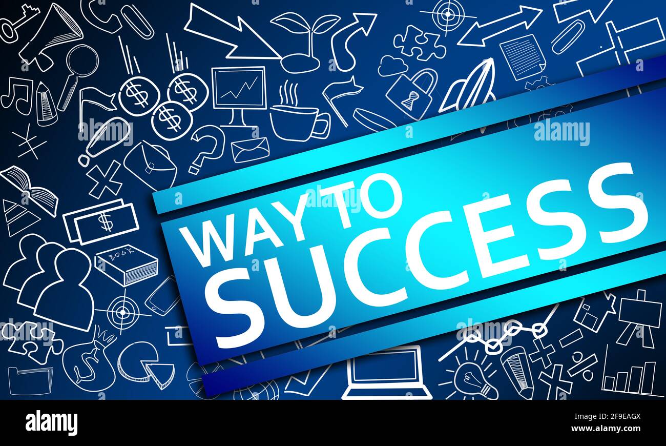 A way to success concept with creative icon drawings on a blue ...