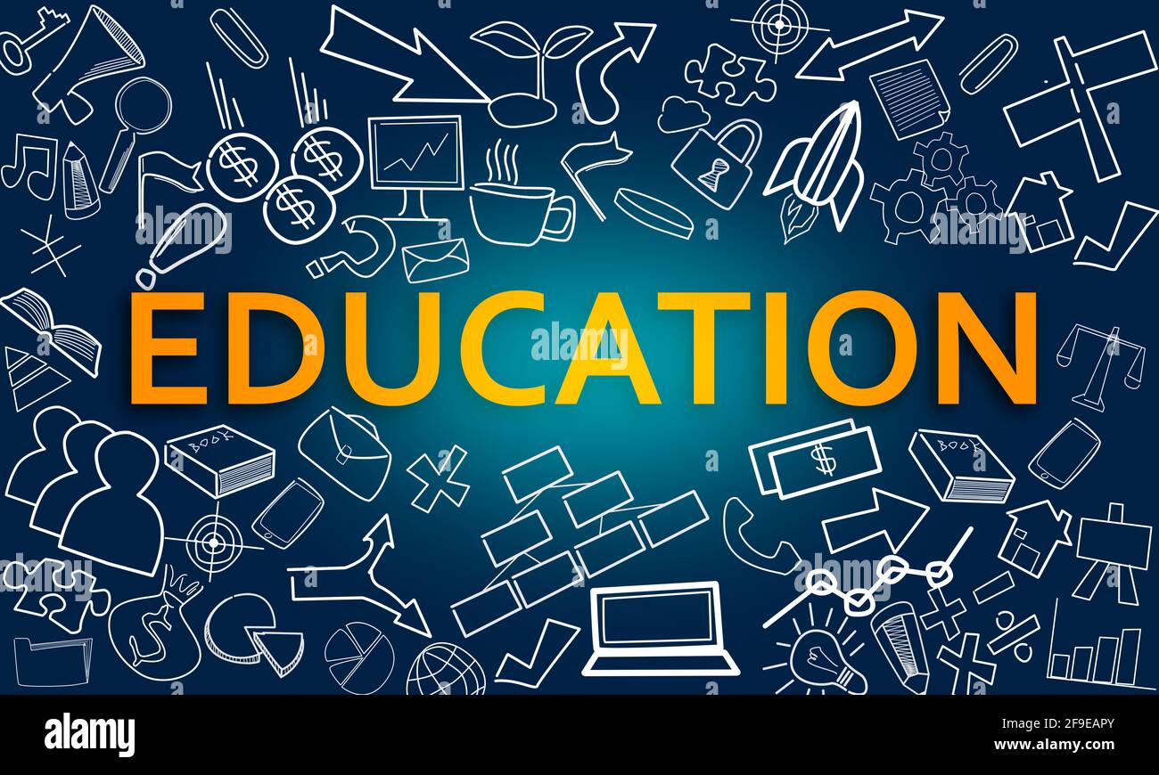 An illustration of creative icon drawings with the word Education in ...