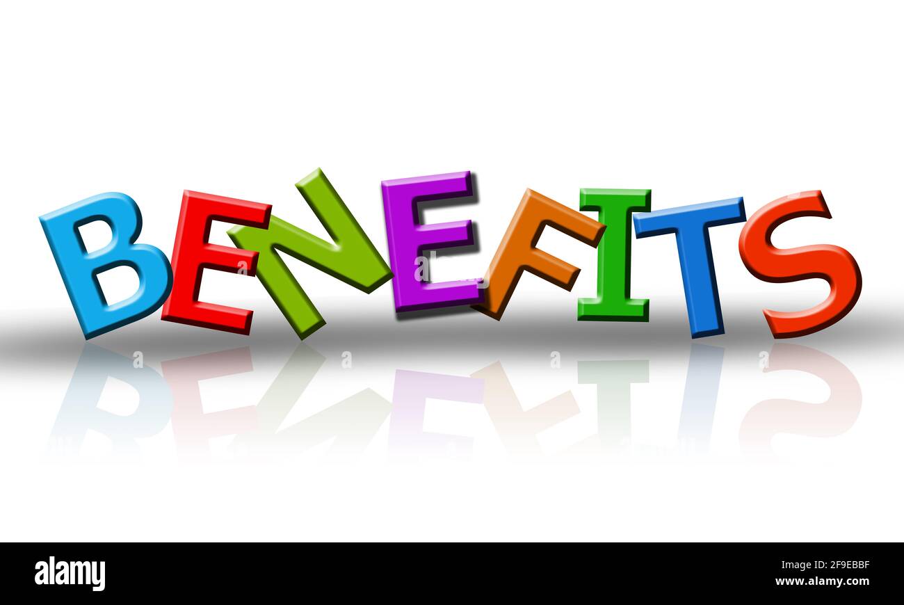 An illustration of a phrase Benefits composed of the multicolored ...