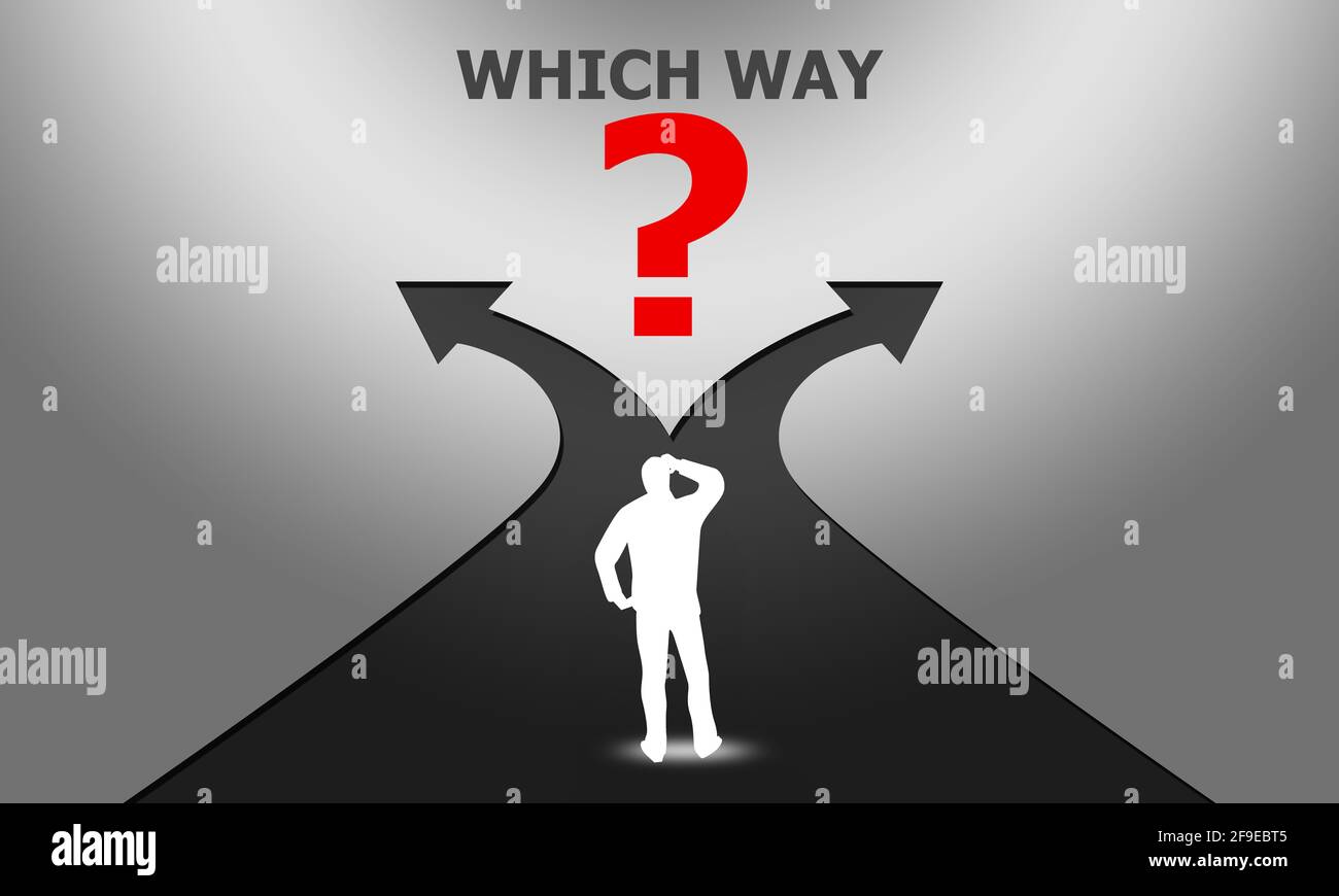 A businessman choosing the correct pathway between left and right with ...