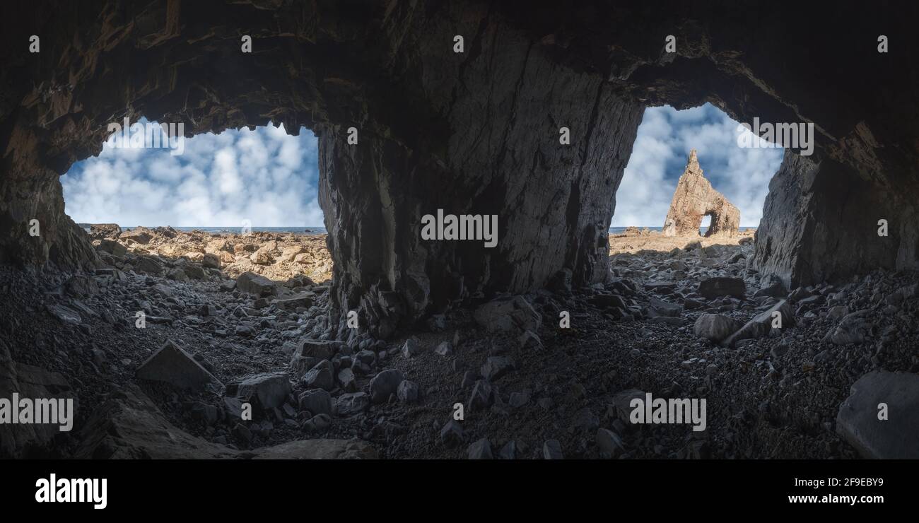 Rough cave scenery of sharp severe rock with hole on stony Campiecho ...