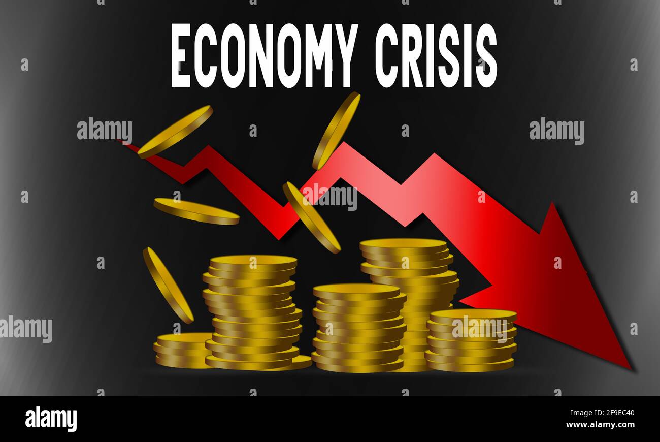 An economic crisis concept with a red arrow going down on stacks of ...