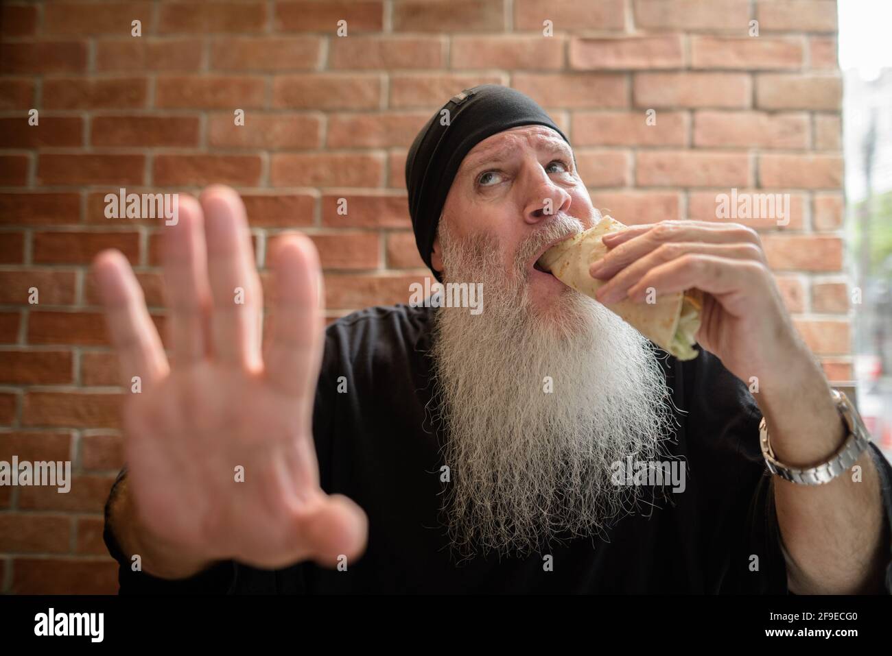 Hungry man with long gray beard eating taco while getting disturbed and ...
