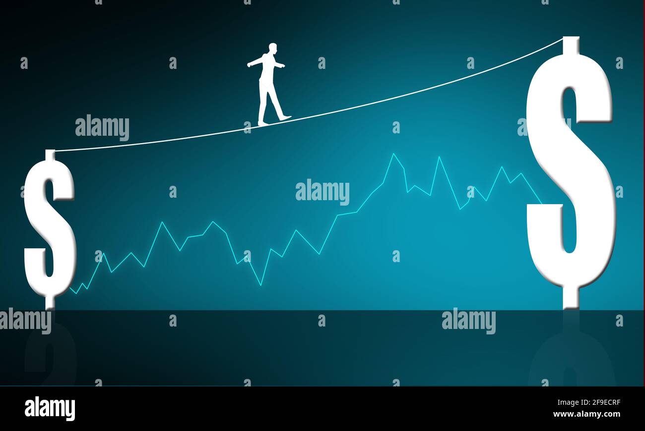 A businessman walking on a tight rope attached to dar signs on a blue ...