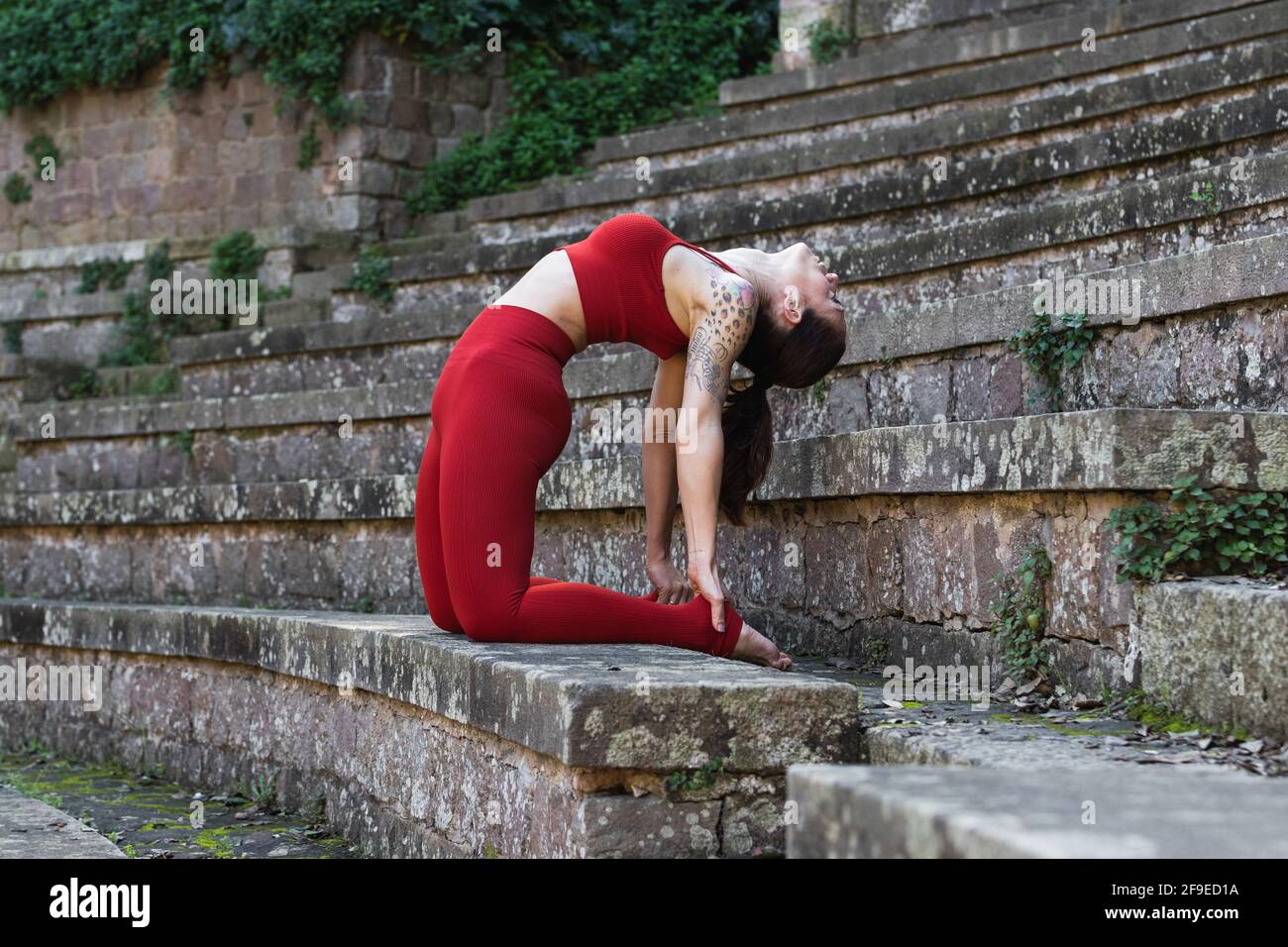 Side view of flexible female in activewear practicing yoga in Ustrasana ...