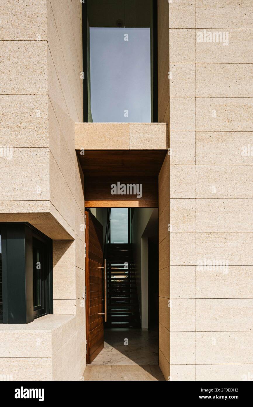 Modern building facade with rectangular shaped ornament on wall under ...