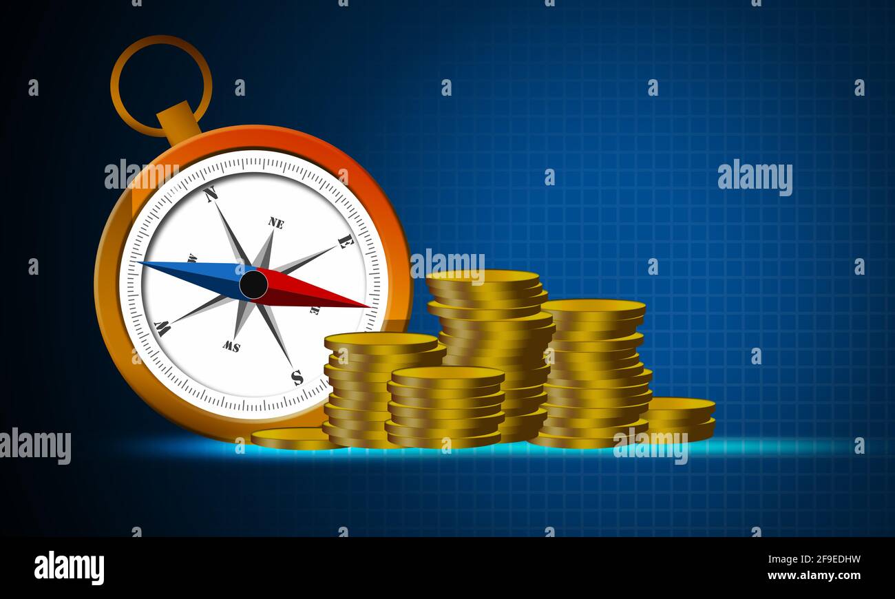 An illustration of a compass with a stack of gold coins isolated in the ...