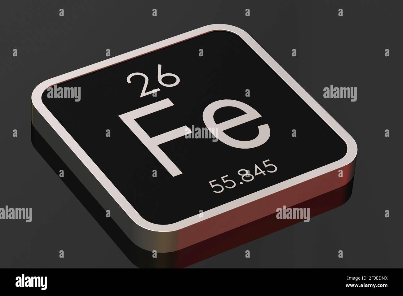 A 3D rendering of the Iron element from the periodic table on a black ...