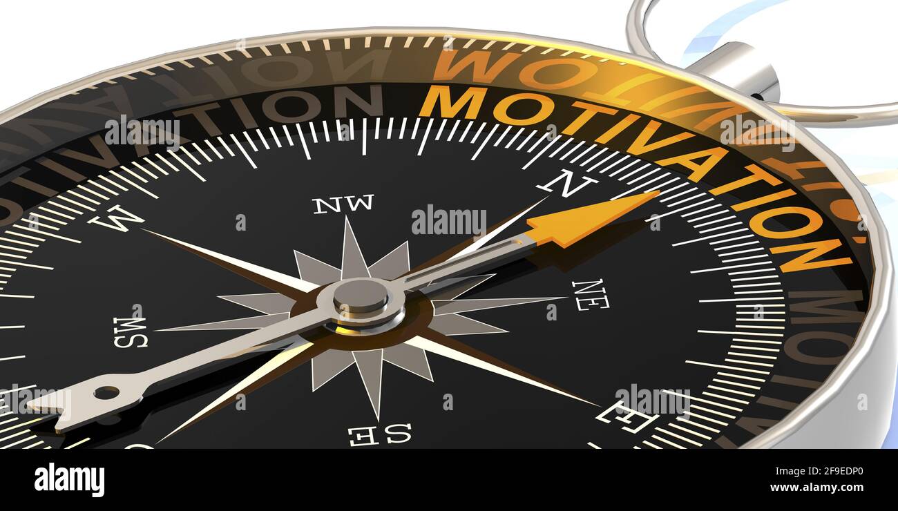 A 3D rendering of a compass needle pointing to the word motivation ...