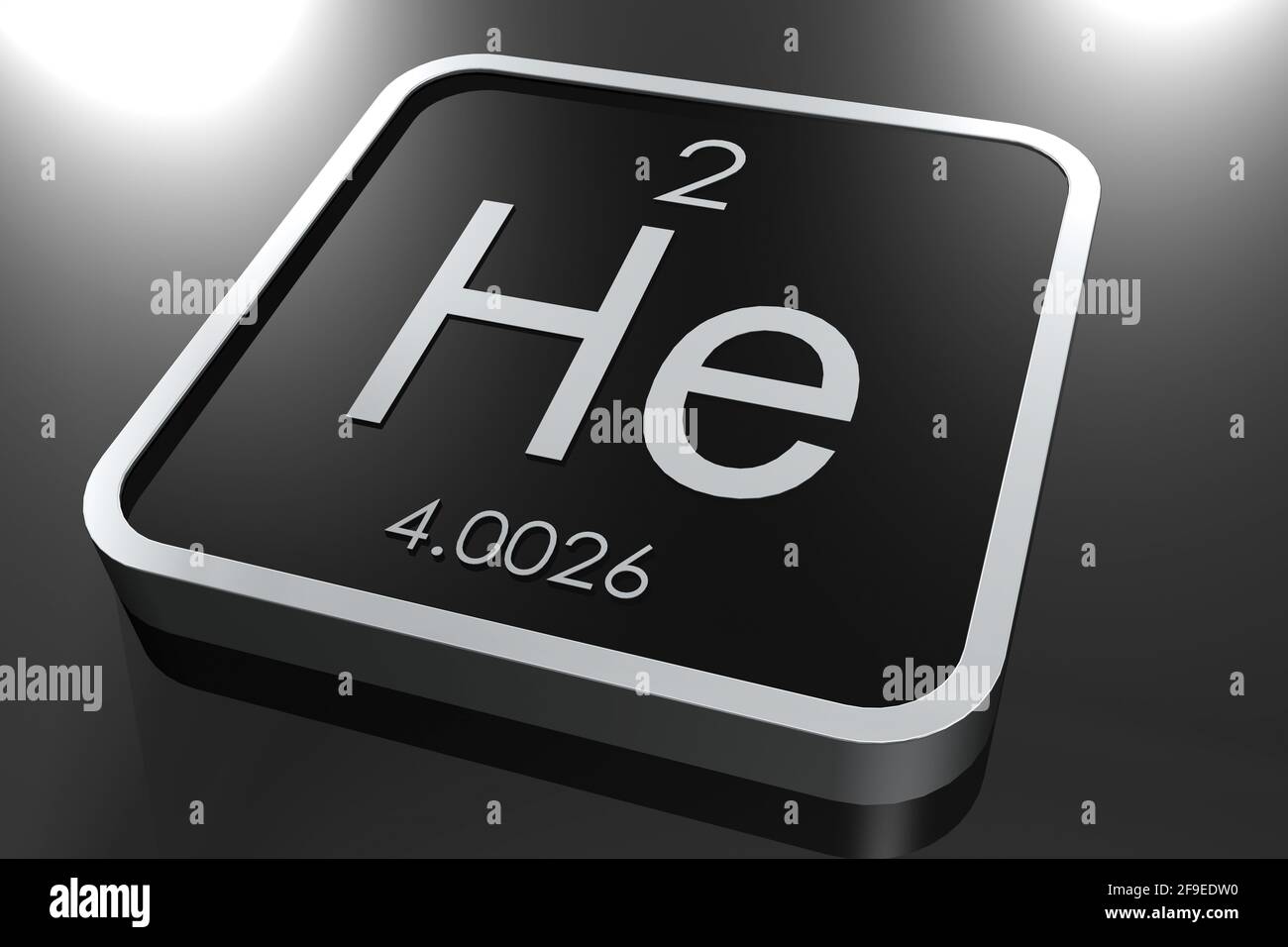 A 3D rendering of the Helium element from the periodic table on a black ...