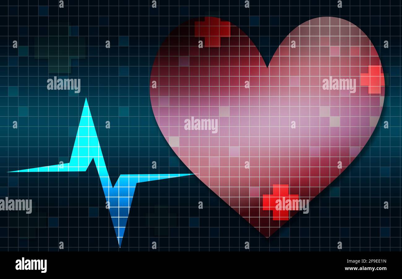 A heart rate frequency graphic on a blue checkered background Stock ...