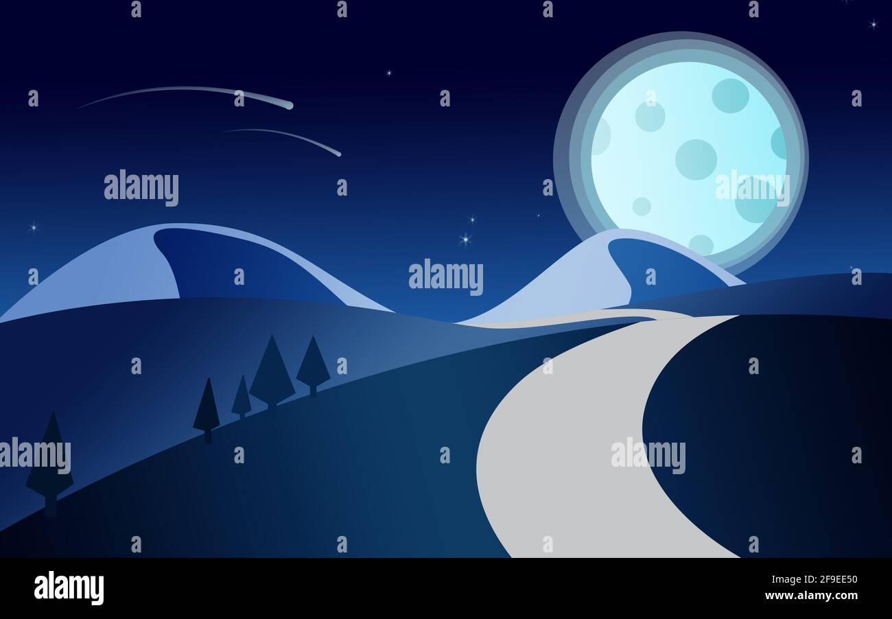 A 3D rendering of a nature nightscape with trees, hills, and the full ...