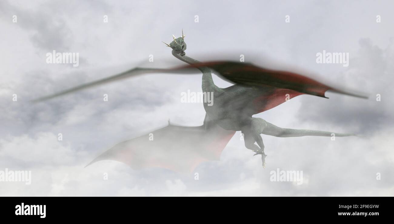dragon, giant fairy tale creature flying through the clouds Stock Photo ...