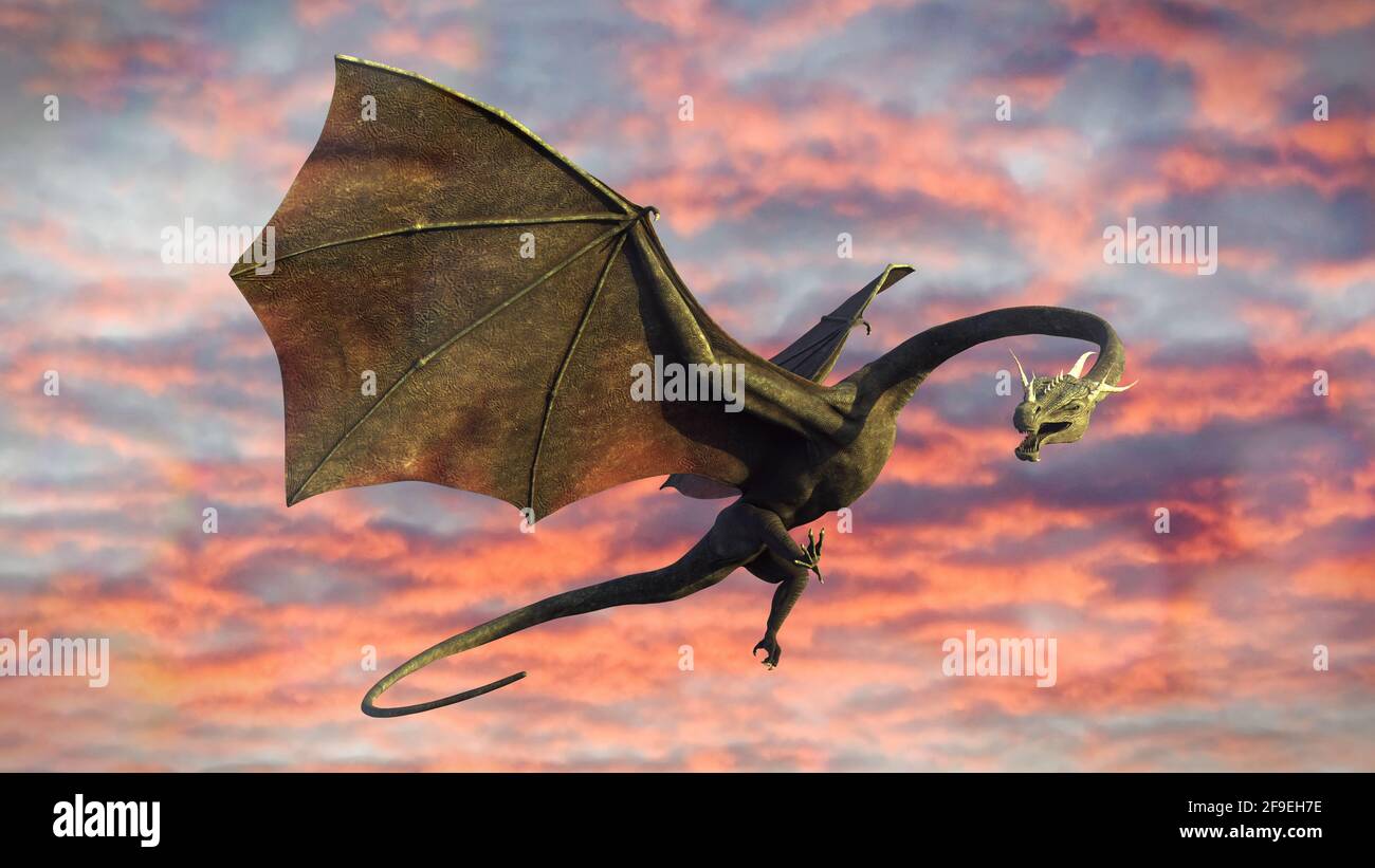 beautiful dragon, green fairy tale creature flying in the sky (3d ...
