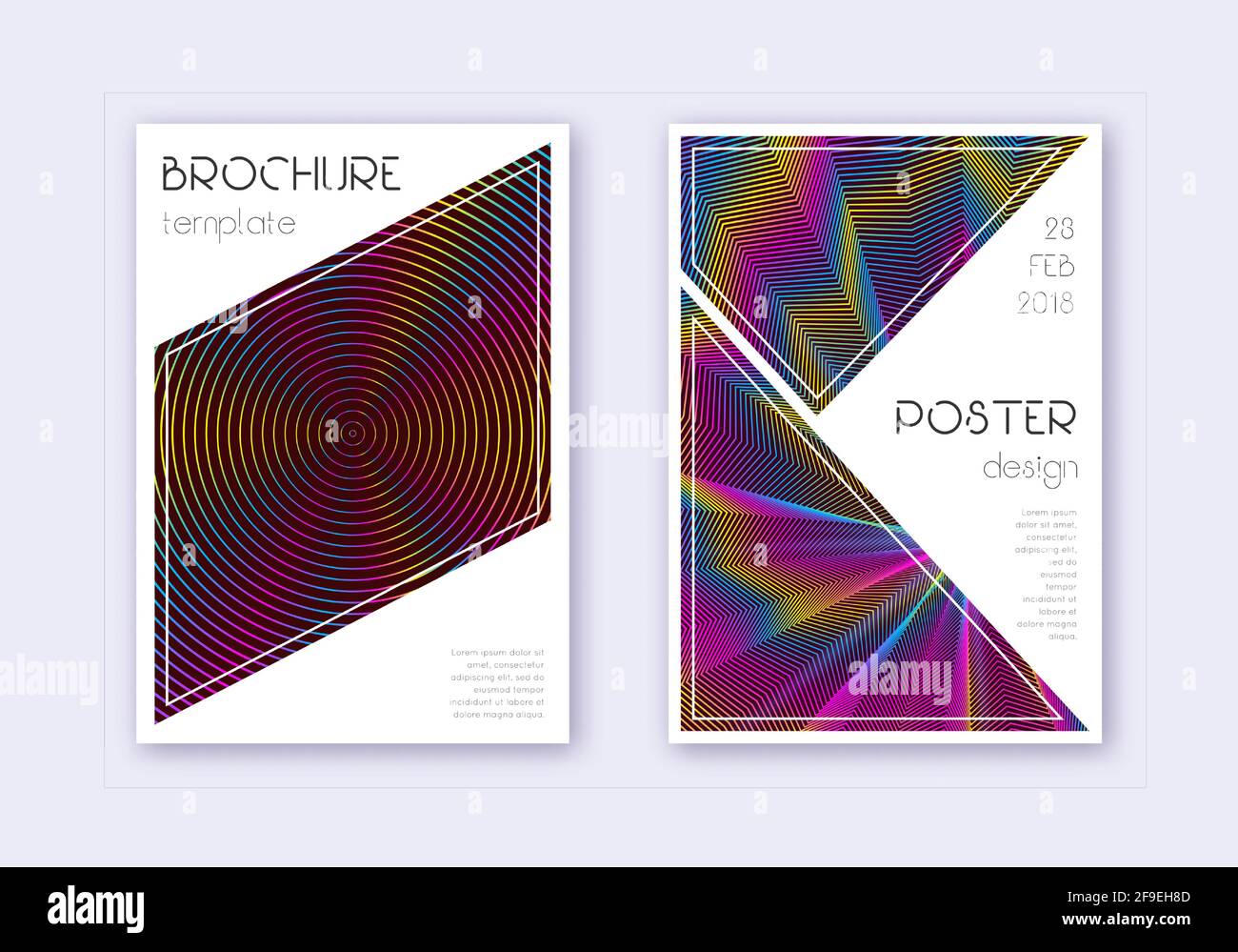 Triangle cover design template set. Rainbow abstract lines on wine red ...