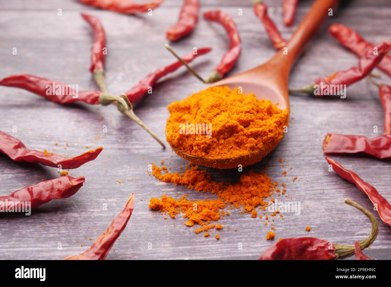 Chili powder and dried peppers on table background Stock Photo - Alamy
