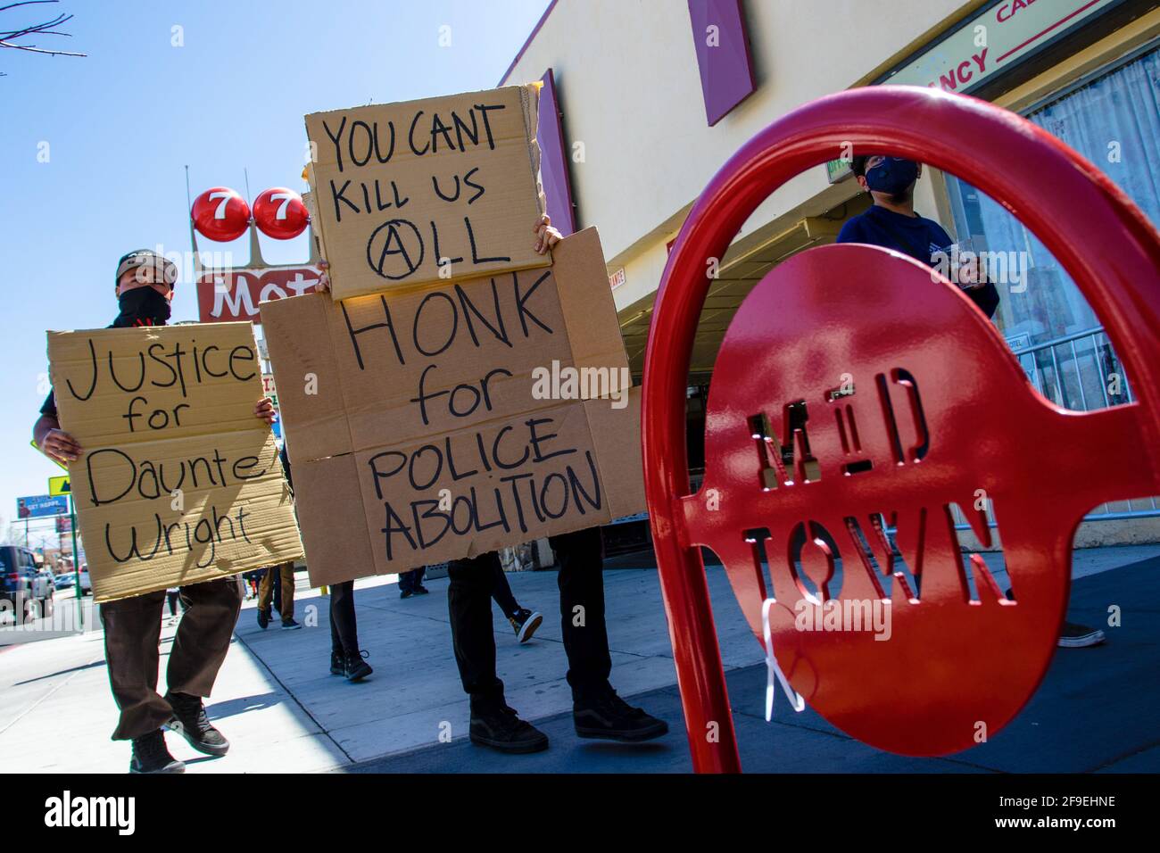 Reno, United States. 17th Apr, 2021. Protests holding placards ...