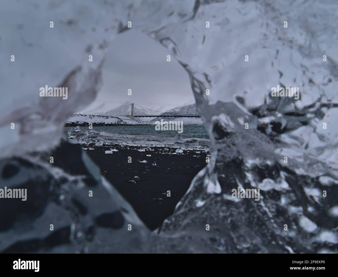 Suspension bridge of ring road near Jökulsárlón glacier lagoon, south ...