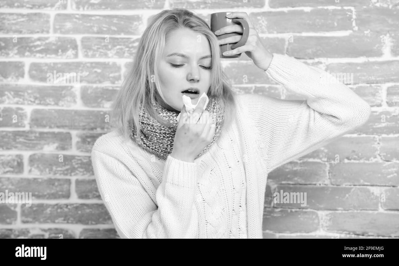 Cold and flu remedies. Drink more liquid get rid of cold. Girl hold tea ...