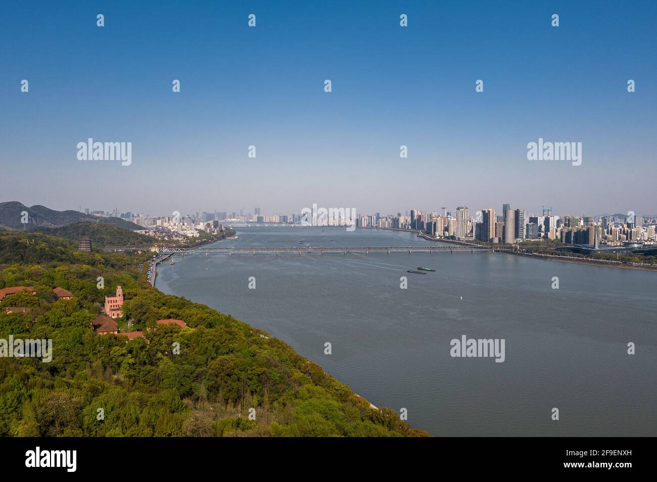 Aerial view of Qiantang River Bridge and modern city skyline in ...