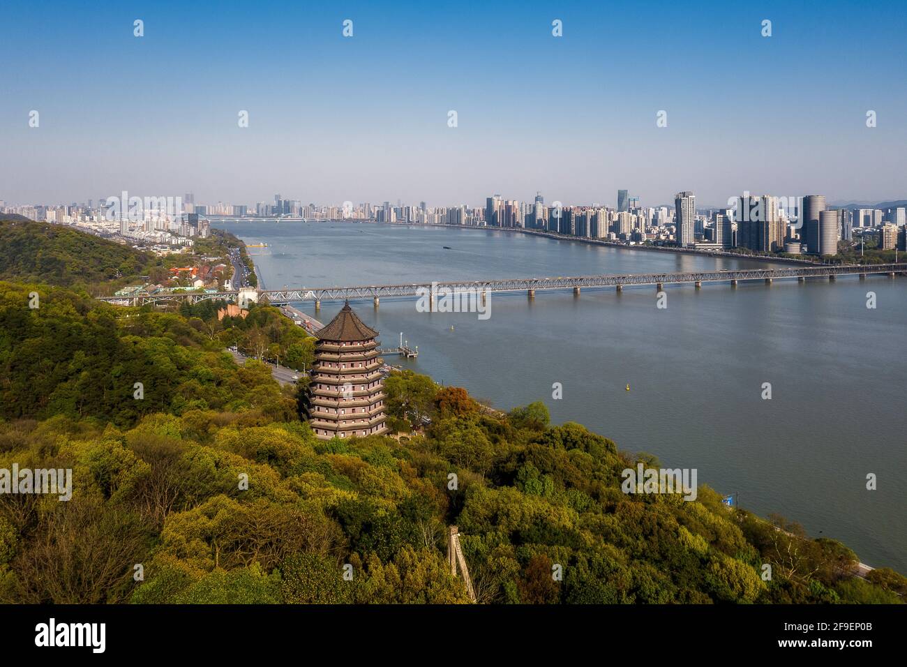 Aerial view of Liuheta Culture Park, Liuhe Tower in Hangzhou, China ...